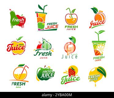 Fruits icons and labels for fruit juice or farmer market products ...