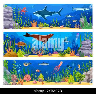 Cartoon underwater landscape banners. World oceans day, environment ...