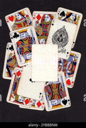A montage of vintage playing cards with a blank card in the middle on a ...