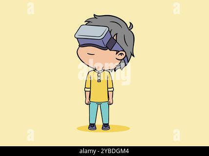 Cute boy chibi character illustration using virtual reality VR gadget ...