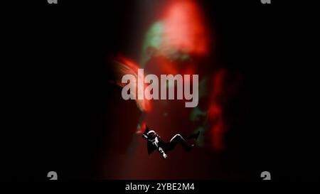 A surreal fall into a dark pit, a figure flying under the gaze of giant ...