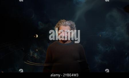 Albert Einstein, a scientist in outer space among nebulae and massive ...