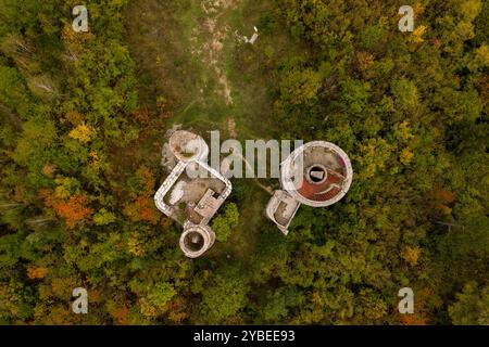 An aerial view of the ruins of Bistrik Tower, originally an Austro ...