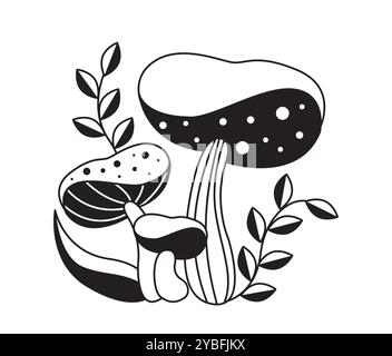 Magic mushroom with stars. Vector silhouette black line contour drawing ...