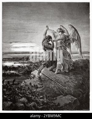 Gustave Doré, Jacob Wrestles with the Angel, illustration in engraving ...