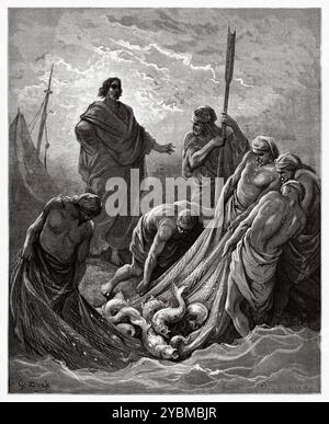 The miraculous catch of fish. New Testament. Antique bible illustration ...