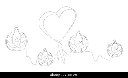 One continuous line of Jack O' Lantern drawn by with felt tip pen. Thin ...