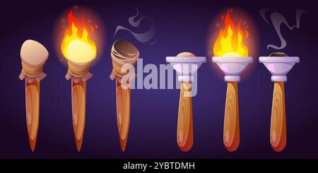 Different shape torch ready to use, burning with fire and extinguished ...