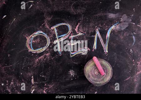 Written graphic opening, with colorful chalk on blackboard Stock Photo ...