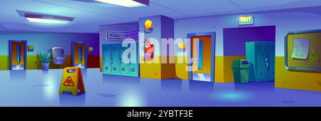 Night school corridor with lockers. Vector cartoon illustration of dark ...