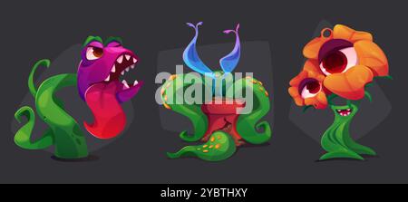 Scary monster plants with head flowers. Cartoon vector illustration set ...
