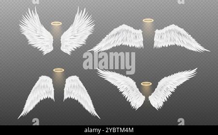 White realistic angel wings with glowing halo on transparent background ...