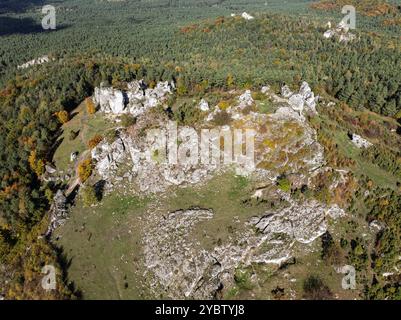 Polish Jurassic Highland Mountainl Zborow in autumn. Aerial drone view ...