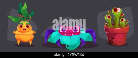 Creepy monster plants set isolated on black background. Vector cartoon ...