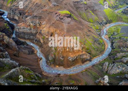 Iceland, Sudurland, Kerlingarfjöll, Aerial View of Hveradalir thermal ...