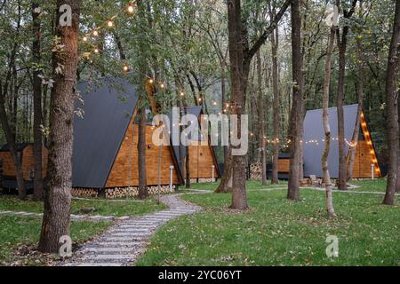 Modern A-frame cabins with glowing string lights in forest environment ...
