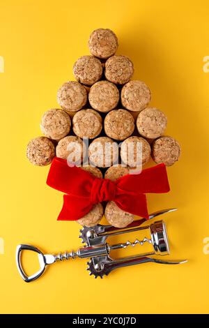Wine bottle, corkscrew and corks in wooden box. Top view Stock Photo ...