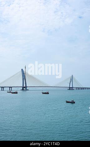 View of the newly built Sudarshan Setu, a cable-stayed bridge ...