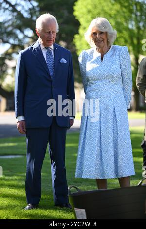 King Charles participate in a ceremonial puck drop with street hockey captains Chris Phillips ...