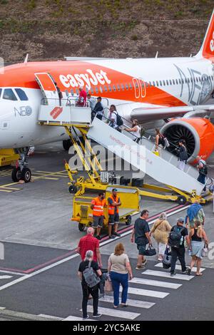 Holidaymakers embarking and disembarking from EasyJet airplane at ...
