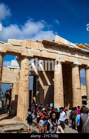 Propylaea and Temple of Athena Nike, tourists climbing the Grand ...