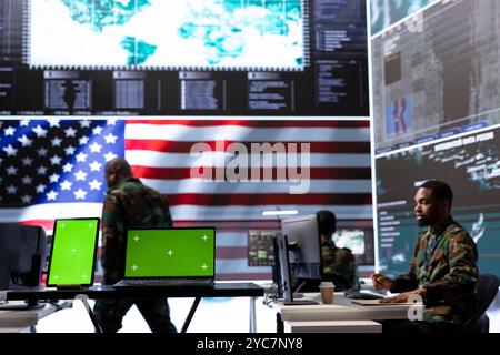 US army working in a top secret control center with isolated mockup ...