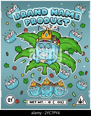 Cereal Flavor With Cartoon Mascot Of Weed Bud On Jar For Sticker And
