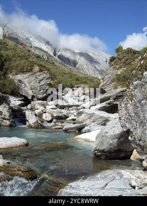 Snow-fed stream runs through the alpine peaks of the Southern Alps ...