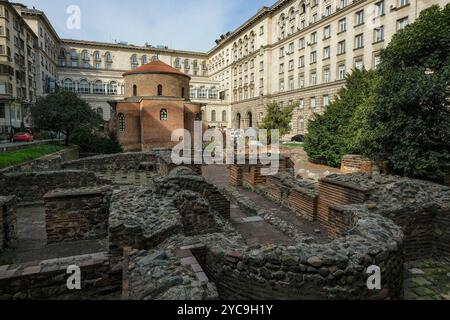 View to the Church of Saint George, a Late Antique red brick rotunda in Sofia, Bulgaria. The ...