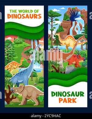 Dino park paper cut banners with prehistoric dinosaurs characters ...
