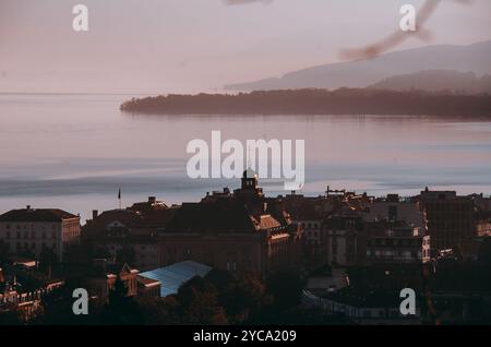 Switzerland . scenic Neuchatel town, lake and canton. Swiss travel ...