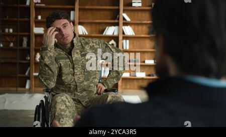 Worried stressed nervous Caucasian soldier man with disability male ...