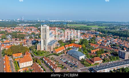Aerial from the historical town Brielle near Rotterdam in the ...