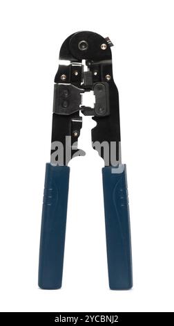 Worker connect a network cable with RJ45 sockets by punch-down tool ...