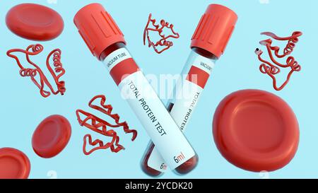 3d rendering of vacuum tube or labeled "TOTAL PROTEIN TEST", red blood ...