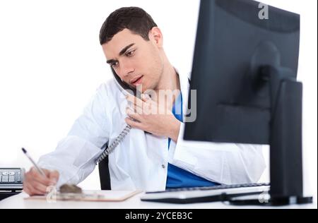 Doctor making notes of the conversation over phone over white ...