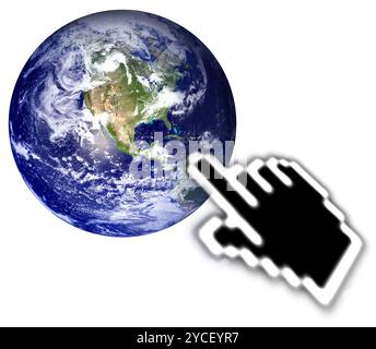 Hand computer cursor pointing at Earth globe Stock Photo - Alamy