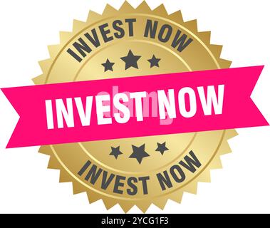 invest now round pink label isolated on transparent background. invest ...