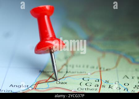 Dax map. Close up of Dax map with red pin. Map with red pin point of ...