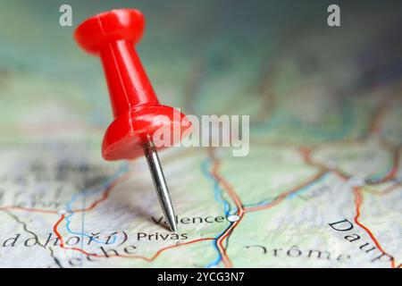 Privas map. Close up of Privas map with red pin. Map with red pin point ...