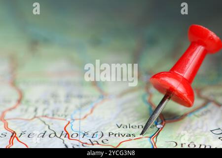 Privas map. Close up of Privas map with red pin. Map with red pin point ...