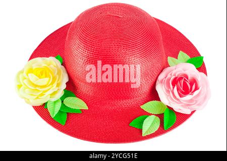 Red straw woman`s summer hat with roses Stock Photo - Alamy