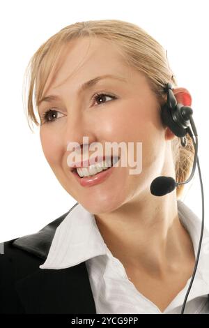 Friendly girl technical support person or call center manager in the ...