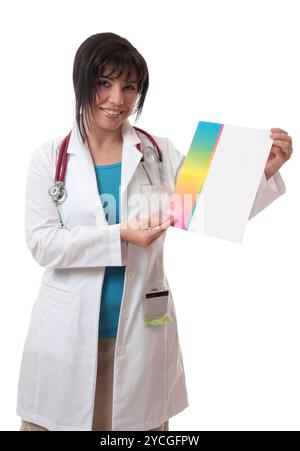 Doctor pharmacist holding brochure, sign, fact sheet Stock Photo - Alamy