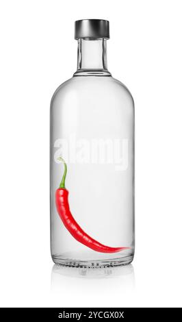 bottle and glass of pepper vodka and red chili pepper isolated on white ...
