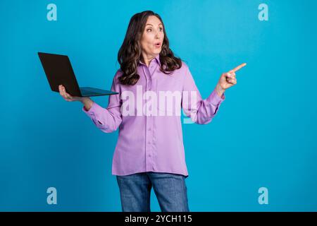 Photo of pretty impressed lady dressed denim shirt rising sale board ...