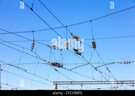 Railroad overhead lines against clear blue sky, Contact wire. High ...
