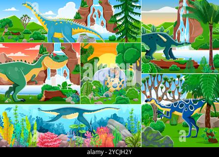 Cartoon prehistoric dinosaurs characters collage of jurassic dino ...