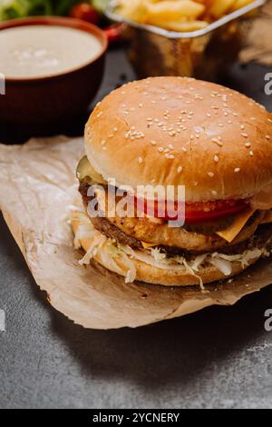 Delicious double-layered cheeseburger with fresh veggies and melted ...