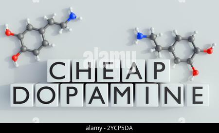 a 3D model of a dopamine molecule with the text "CHEAP DOPAMINE" , as a ...